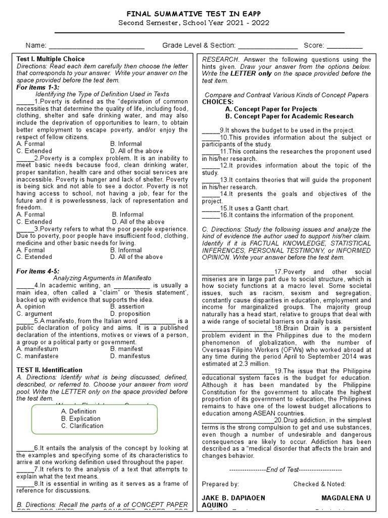 EAPP Final Summative Test 2022 | PDF | Career & Growth | Social Science