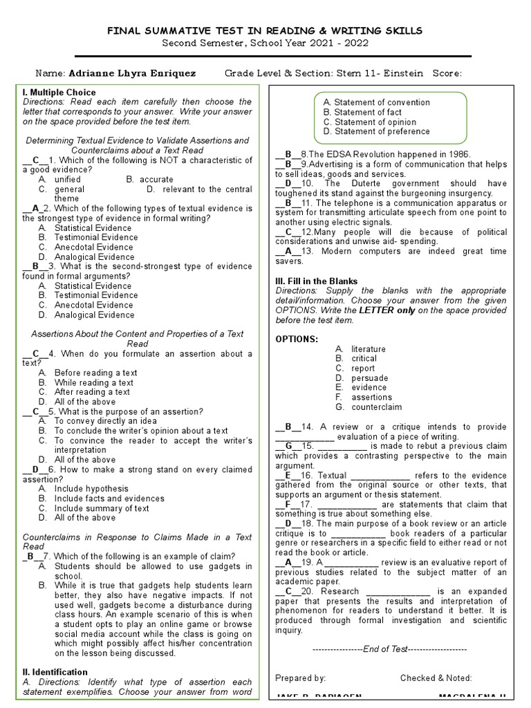 RWS Final Summative Test Adrianne Lhyra | PDF
