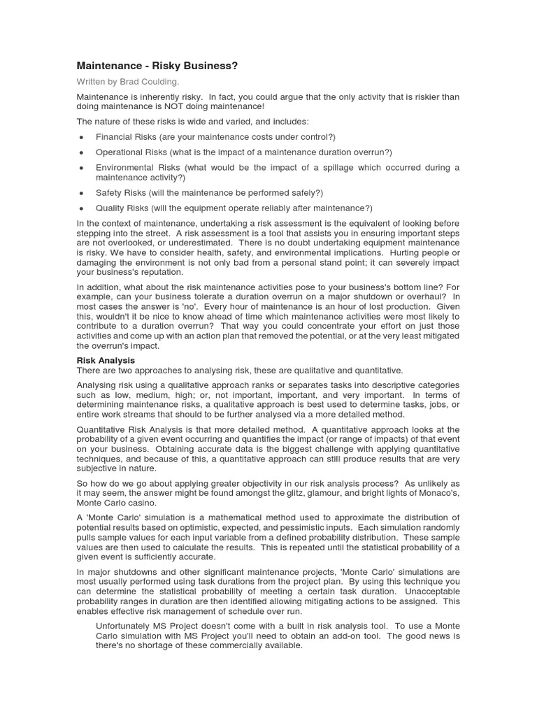 Maintenance Risk Assessment Strategies | PDF | Risk | Monte Carlo Method