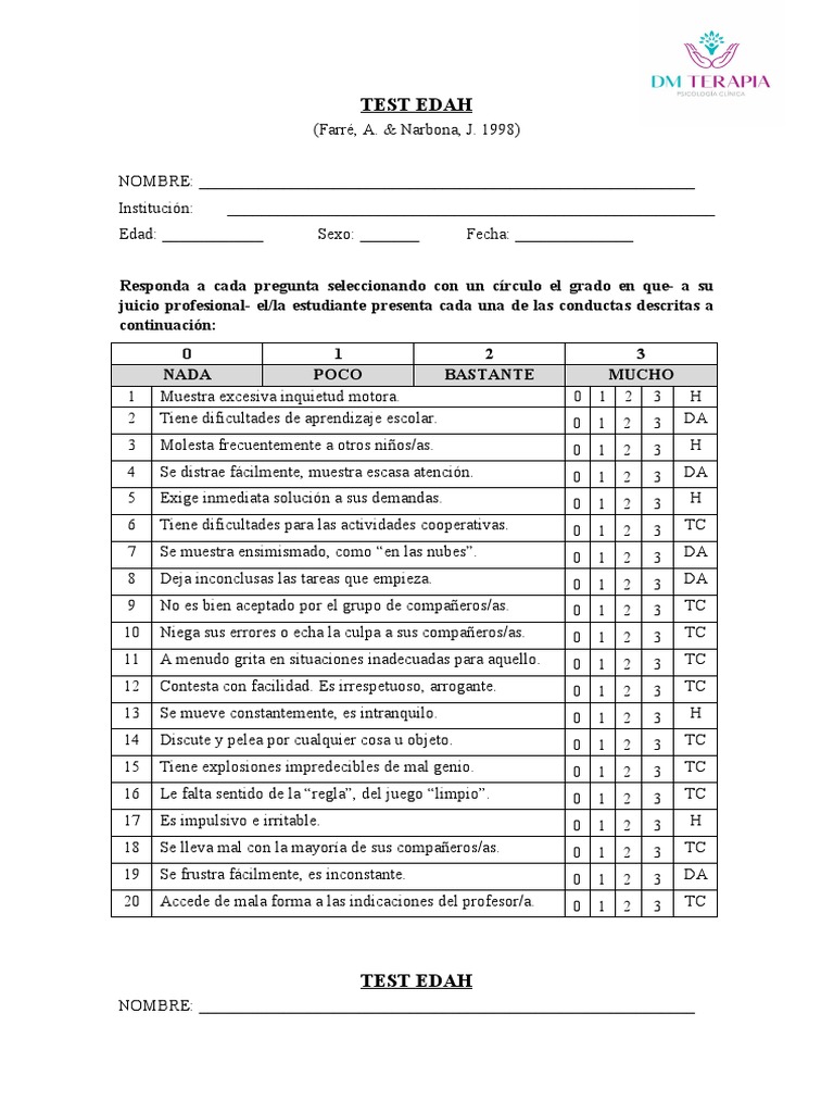 Test Edah Plantilla de Correcion para Profesores | PDF | Desorden ...