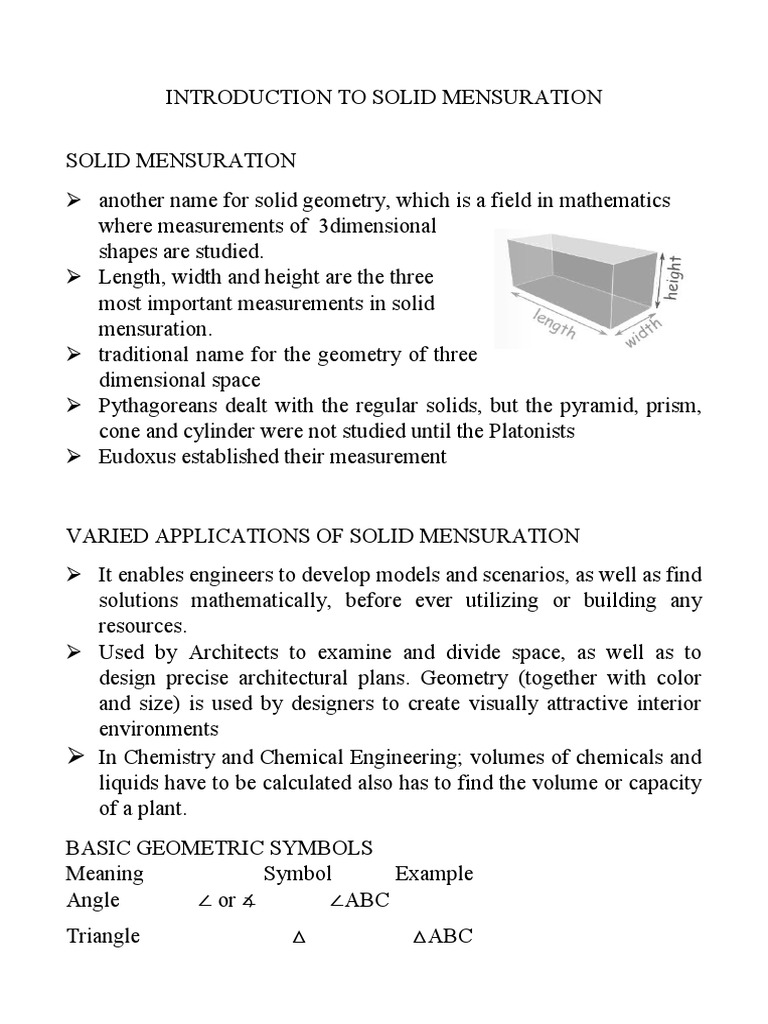 Introduction To Solid Mensuration Pdf Angle Line Geometry