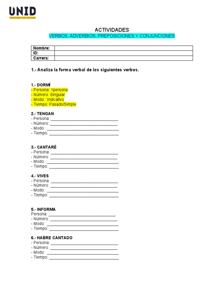 ACTIVIDADES Verbos Adverbios Preposiciones y Conjunciones | PDF | Verbo ...