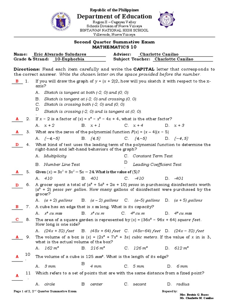 2nd Quarter Summative Exam MATH 10 | PDF | Angle | Circle