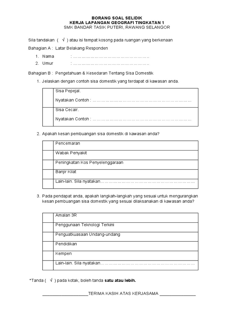Borang Soal Selidik SISA DOMESTIK | PDF