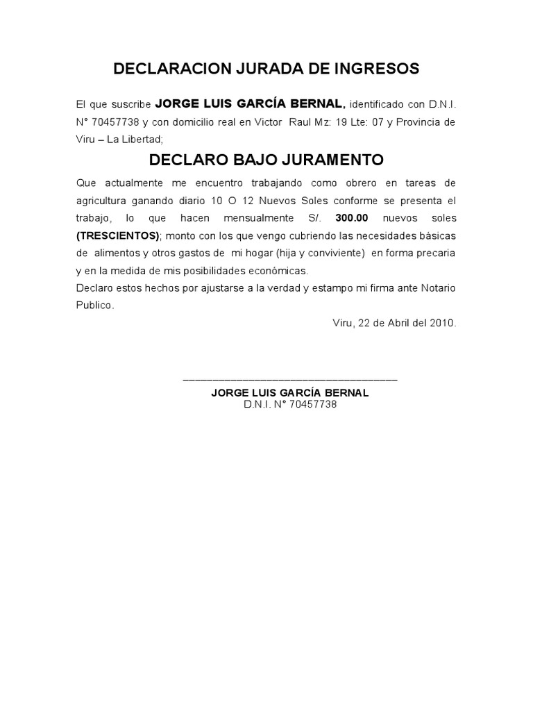 Declaracion Jurada de Ingresos | PDF