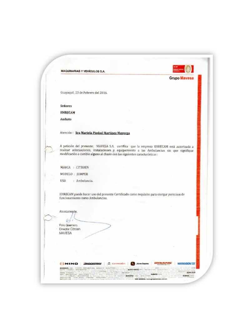 Carta Distribuidor Autorizado Mavesa | PDF