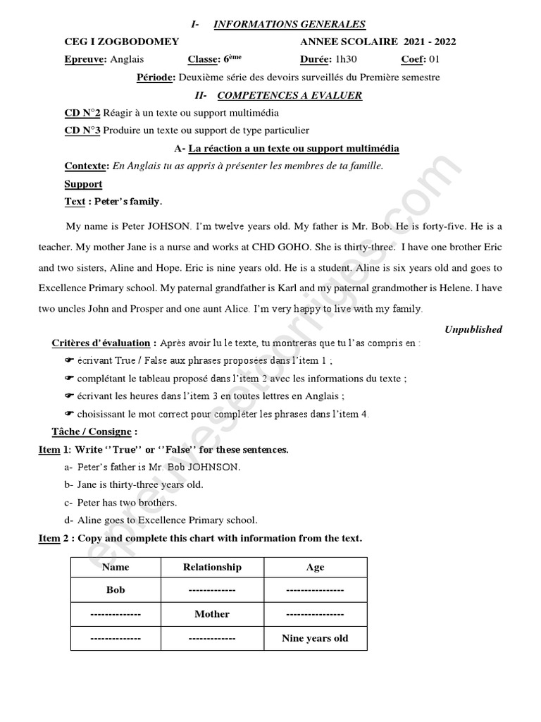 2ème Devoir Du 1er Semestre Anglais 6ème 2021-2022 Ceg1 Zogbodomey | PDF