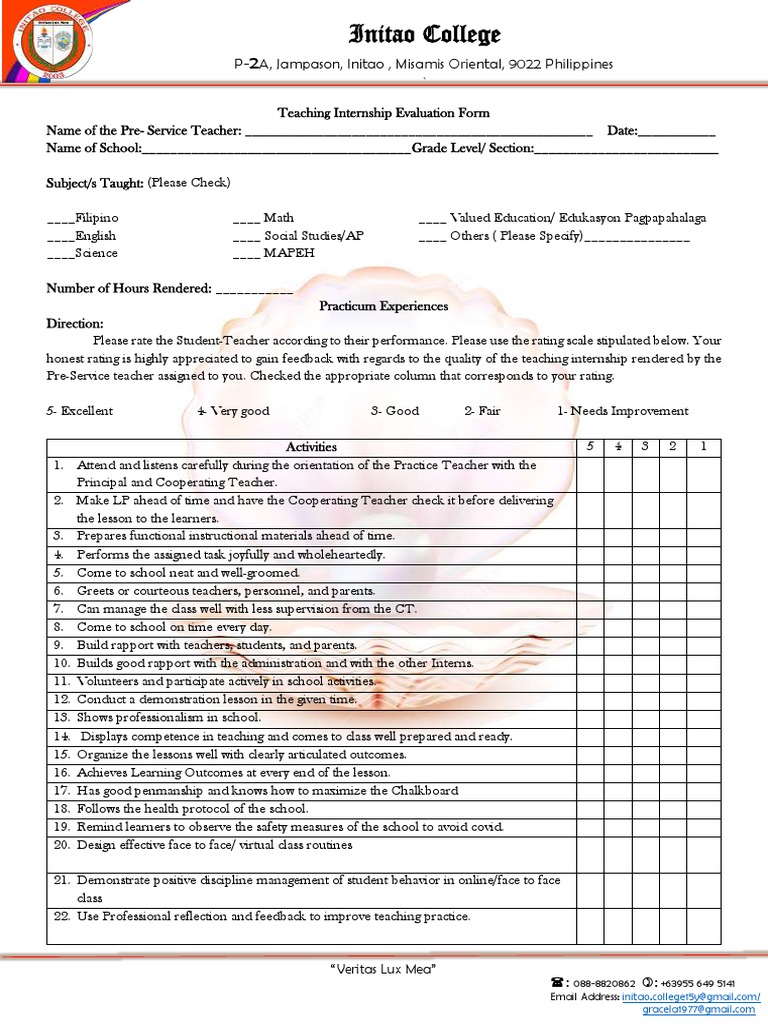 INTERNSHIP EVALUATION FORM For The CT | PDF | Teaching Method | Teachers