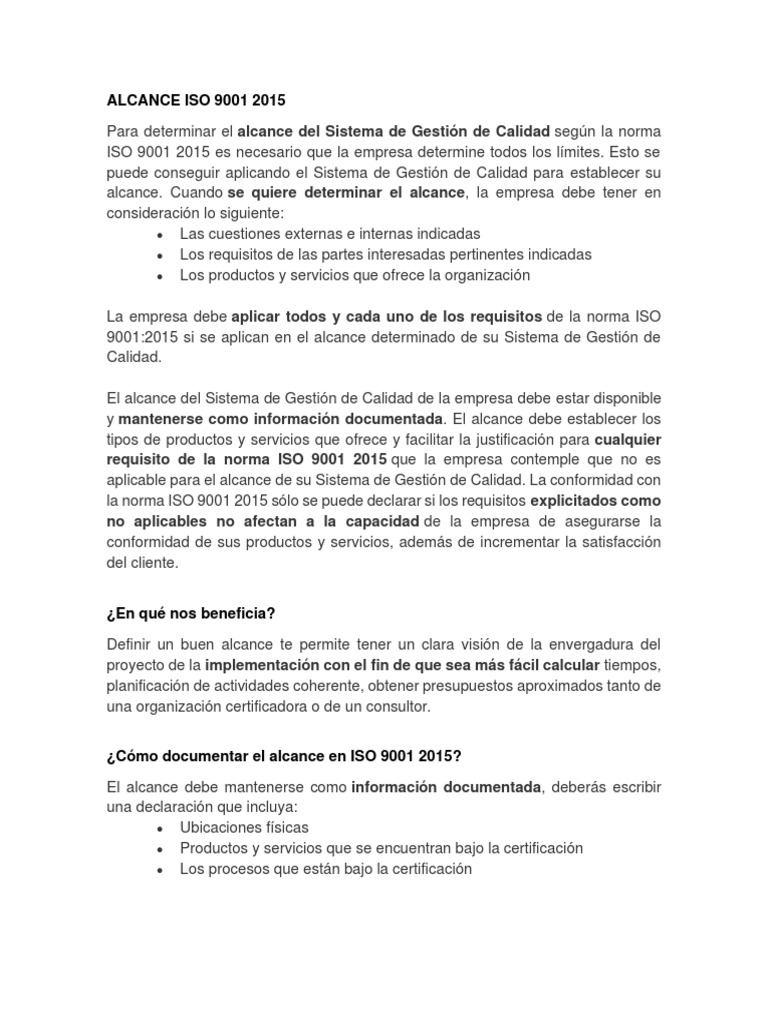 Alcance del Sistema ISO 9001:2015 | PDF | Gestión de la calidad ...