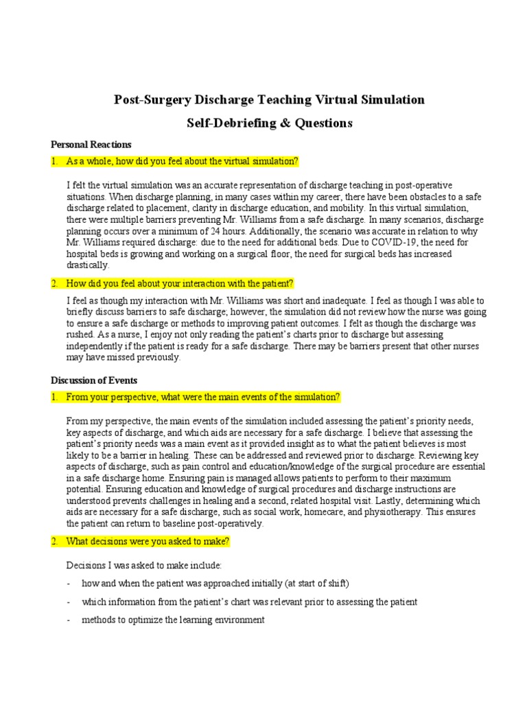 Self Debriefing Questions - Vsim Week 5 | PDF | Nursing | Health Care