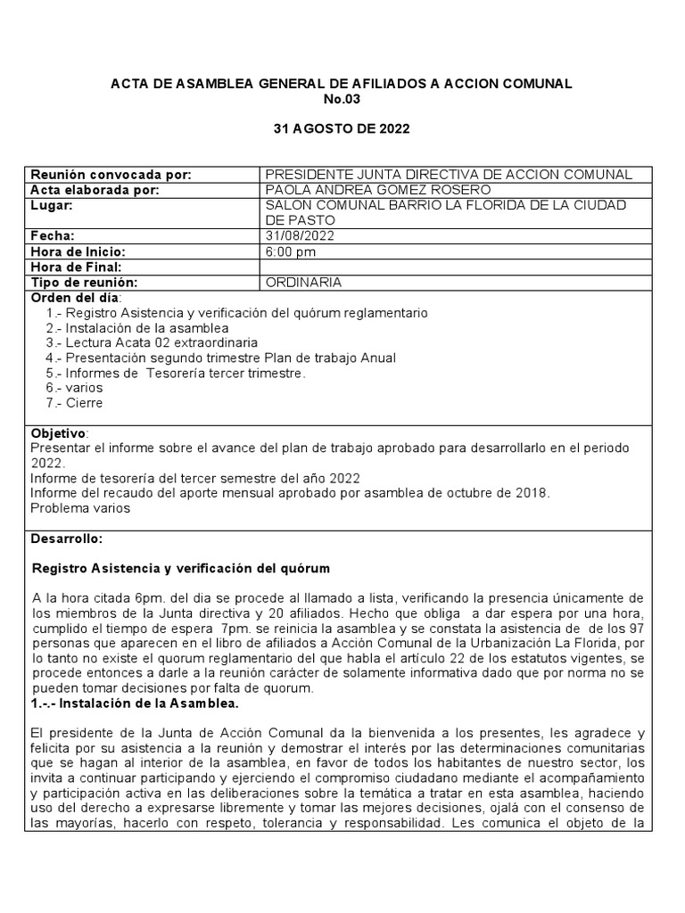 ACTA DE ASAMBLEA GENERAL DE AFILIADOS A ACCION COMUNAL No 3 | PDF | Gobierno