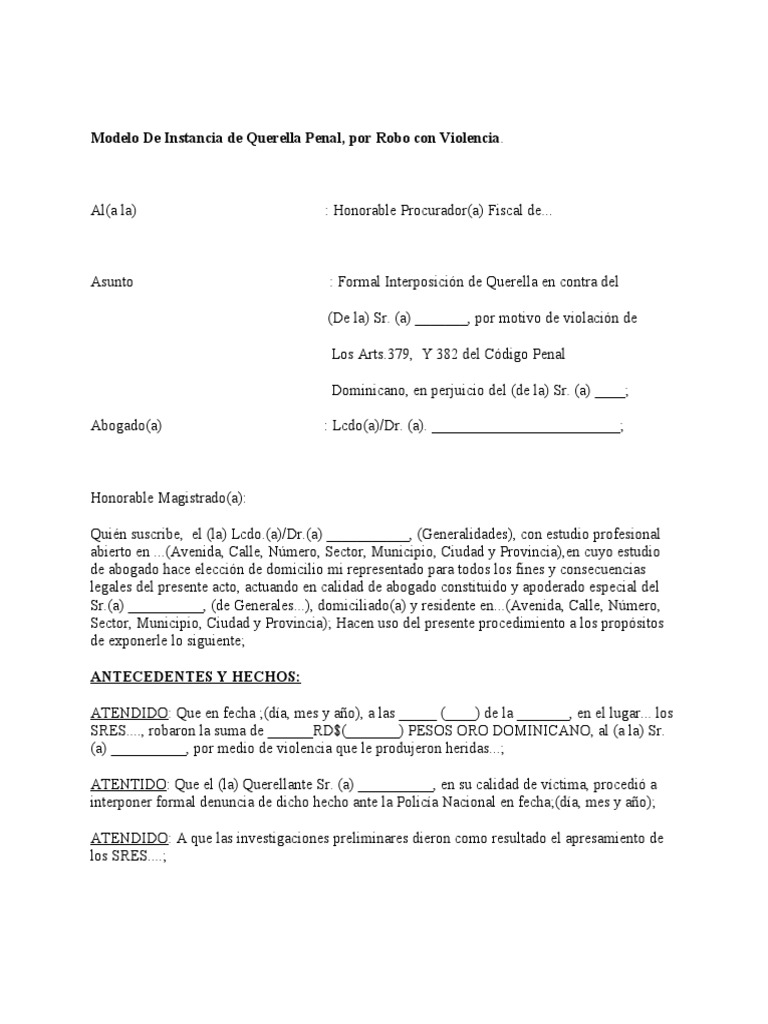 Querella Penal - Modelo de Instancia | PDF | Queja | Gobierno
