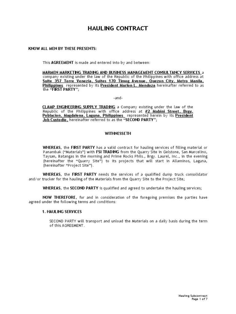 Hauling Services Agreement for Laguna Project | PDF