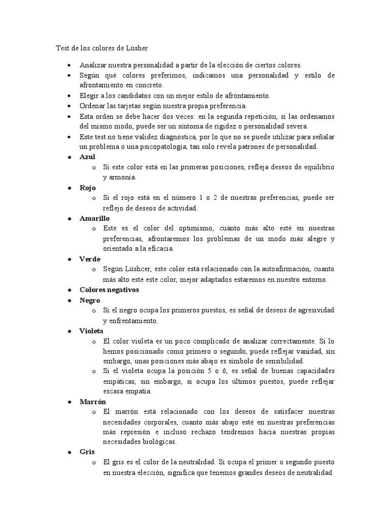 Test de Los Colores de Lúsher (Libreto) | PDF