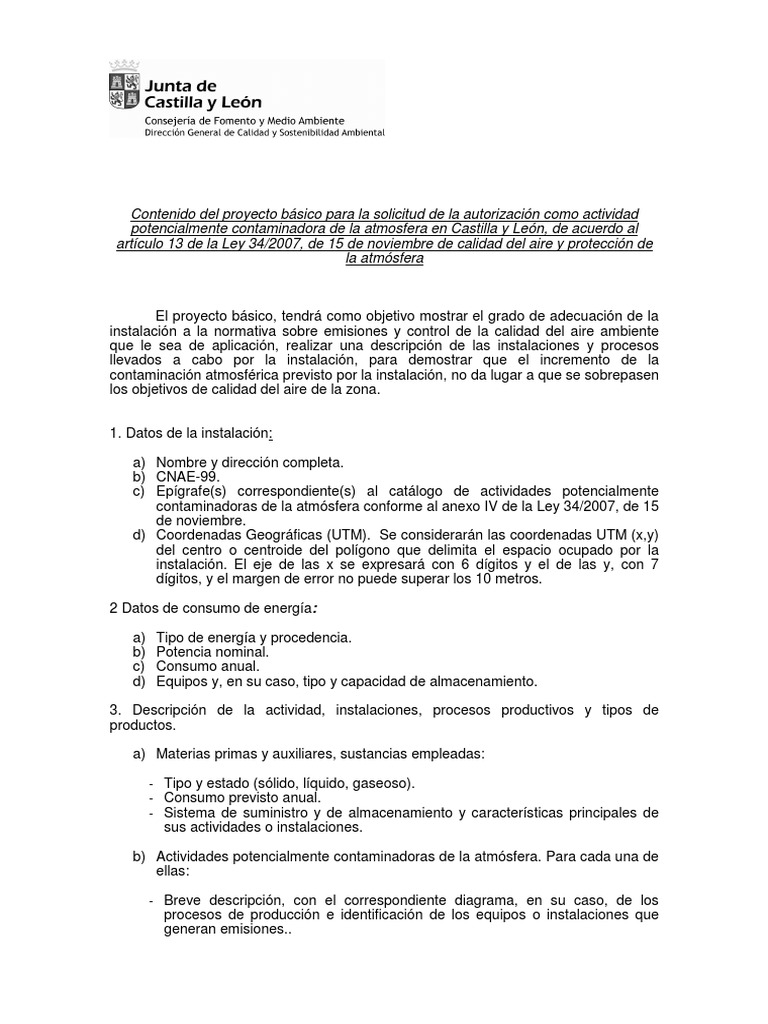 Contenido Del Proyecto Básico para Autorizacion CAPCA | PDF