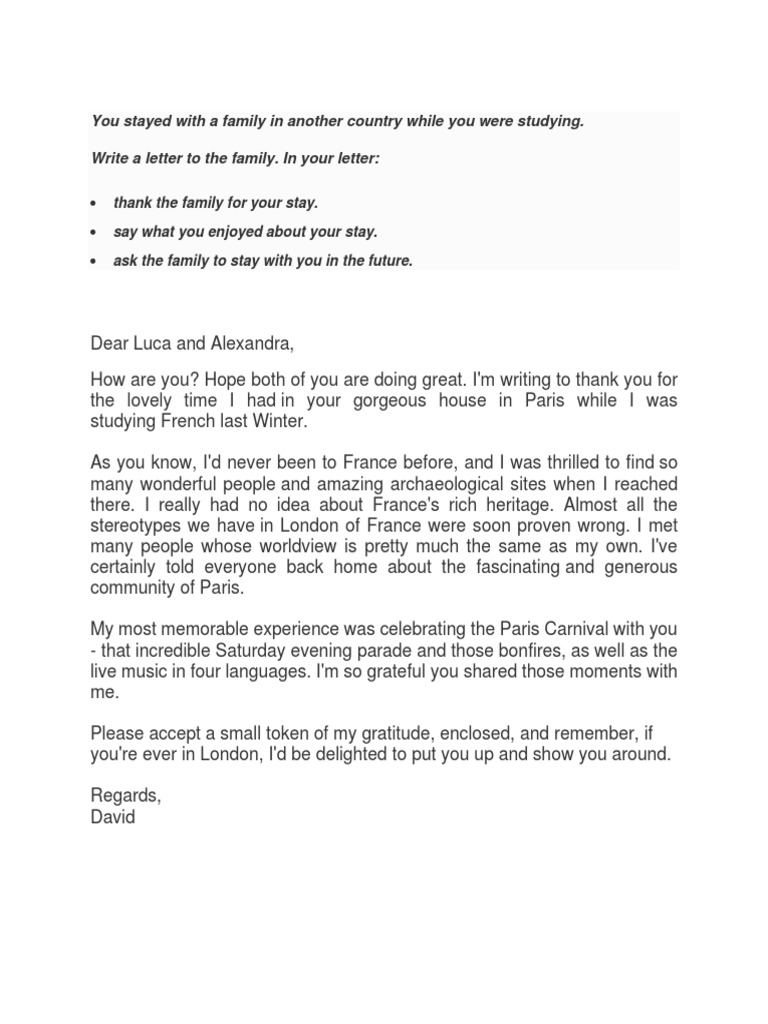 Thank You Letter to Host Family | PDF