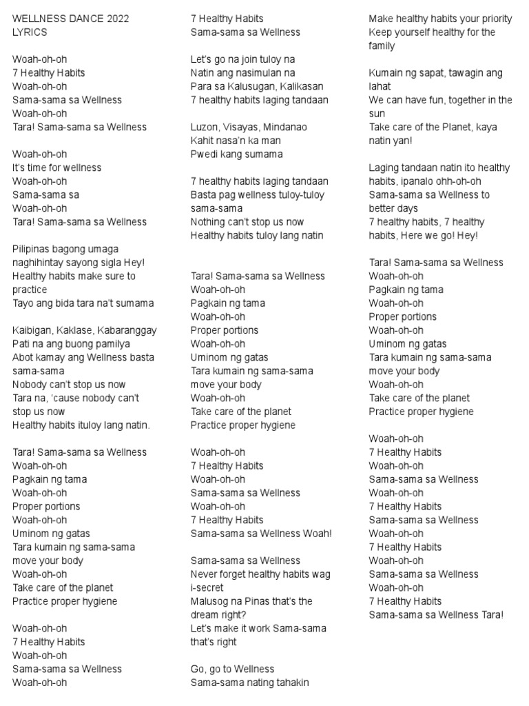 Wellness Dance 2022 Lyrics | PDF
