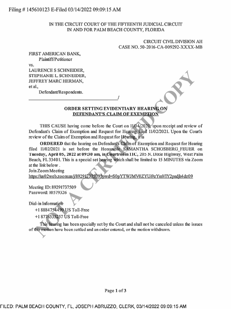918 Order Setting Evidentiary Hearing On Defendants's Claim of Excemption 145610123 | PDF ...