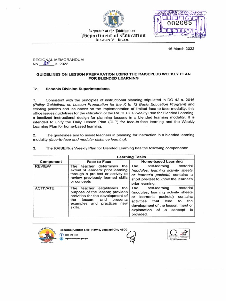 RM 028s 2022 Guidelines On Lesson Preparation Using The Raiseplus Weekly Plan For Blended ...