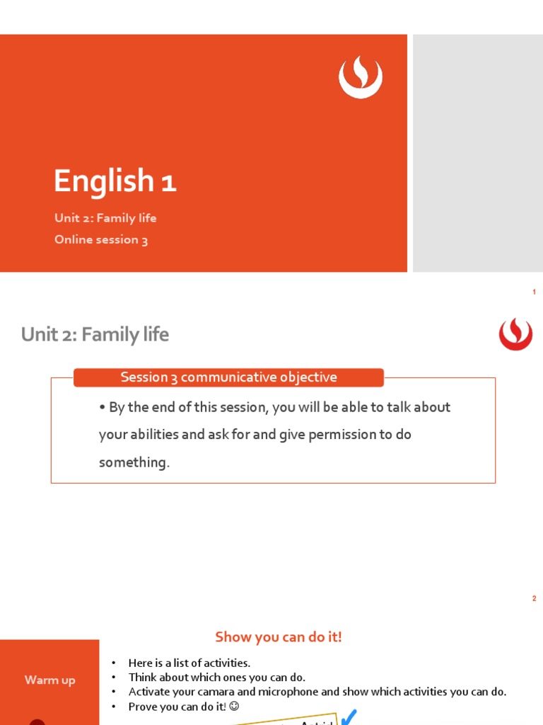 English 1: Unit 2: Family Life Online Session 3 | PDF
