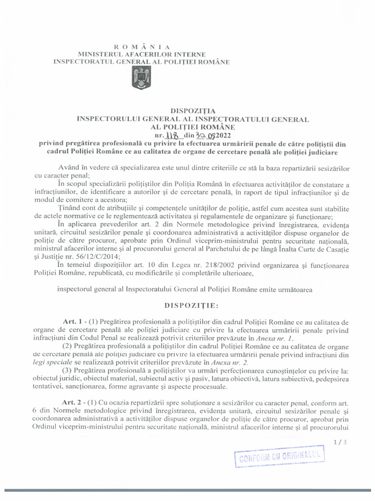 Dispozitia IG Al IGPR Nr. 118 Din 30.09.2022 | PDF