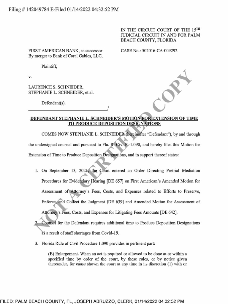 (16-009292 813) DEFENDANT STEPHANIE L. SCHNEIDER'S MOTION FOR EXTENSION ...