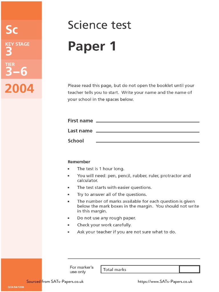 Ks3 Science 2004 Level 3 6 Paper 1 | PDF