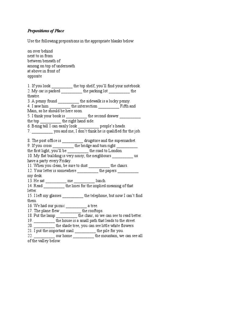 Prepositions of Place - Exercises | PDF