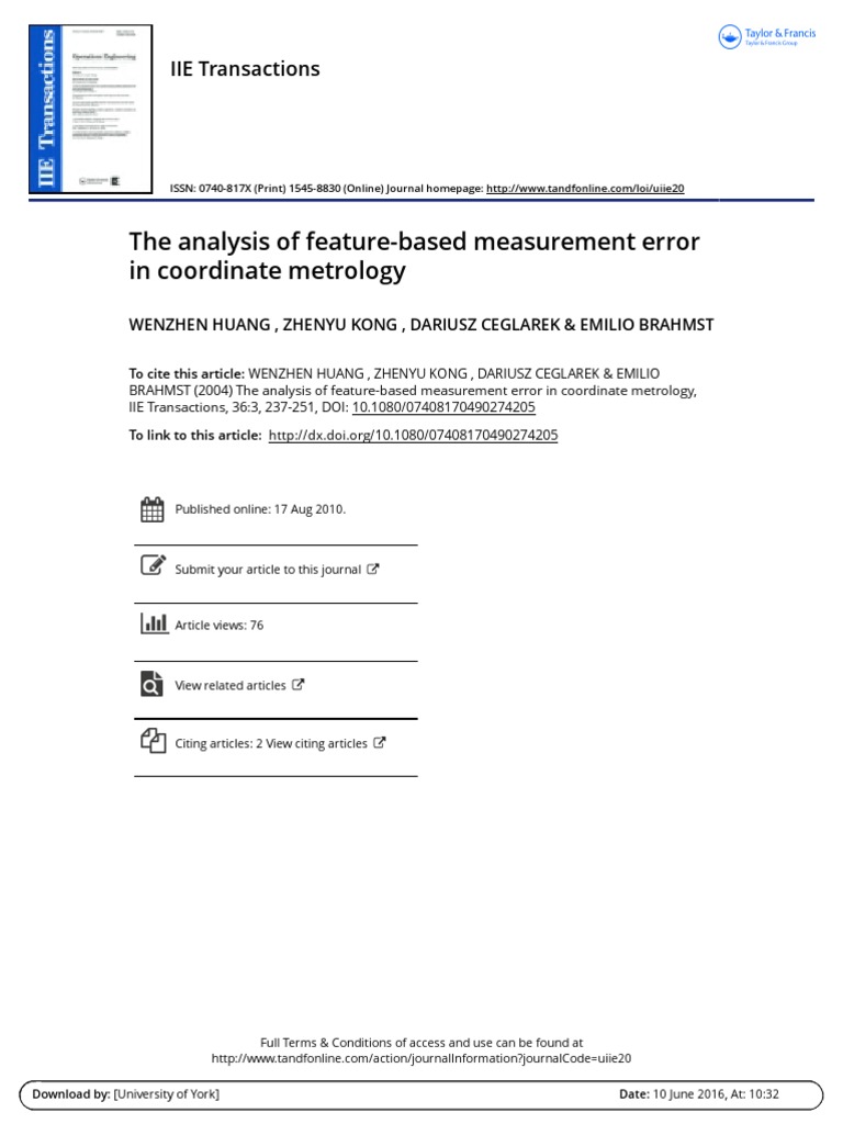 The Analysis Of Feature Based Measurement Error In Coordinate Metrology Pdf Metrology Science