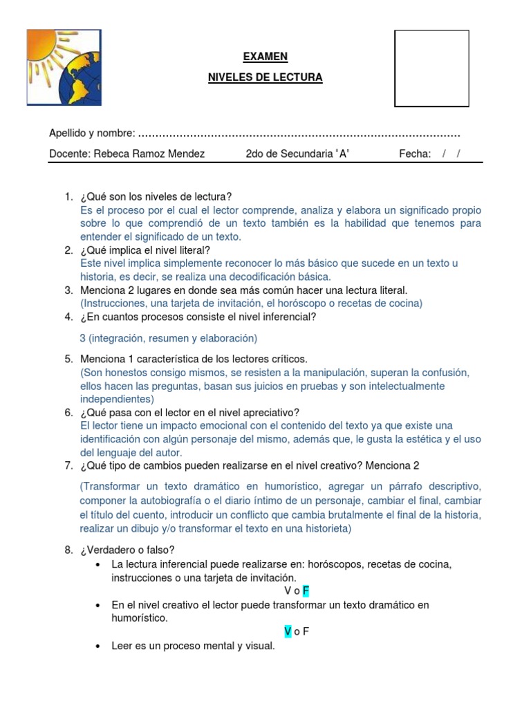 Niveles de Lectura: Guía para Estudiantes | PDF | Prueba (evaluación ...