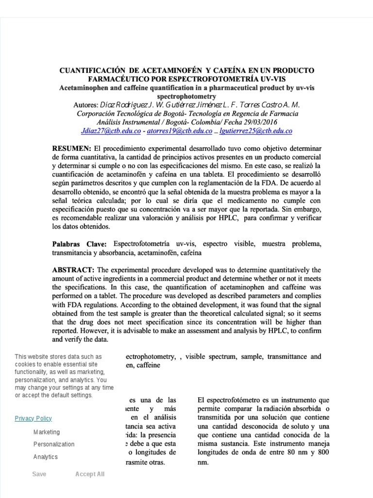 Cuantificación De Acetaminofén Y Cafeína Pdf Espectrofotometria