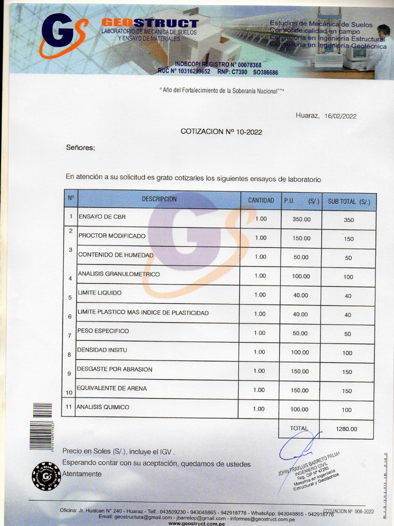 Geostruct - Cotizacion Ensayo de CBR | PDF