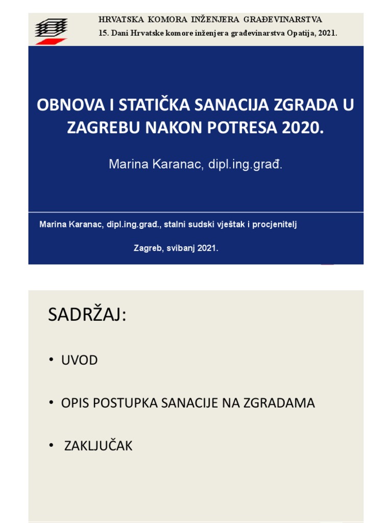 Obnova I Statička Sanacija Zgrada U Zagrebu Nakon Potresa 2020. | PDF
