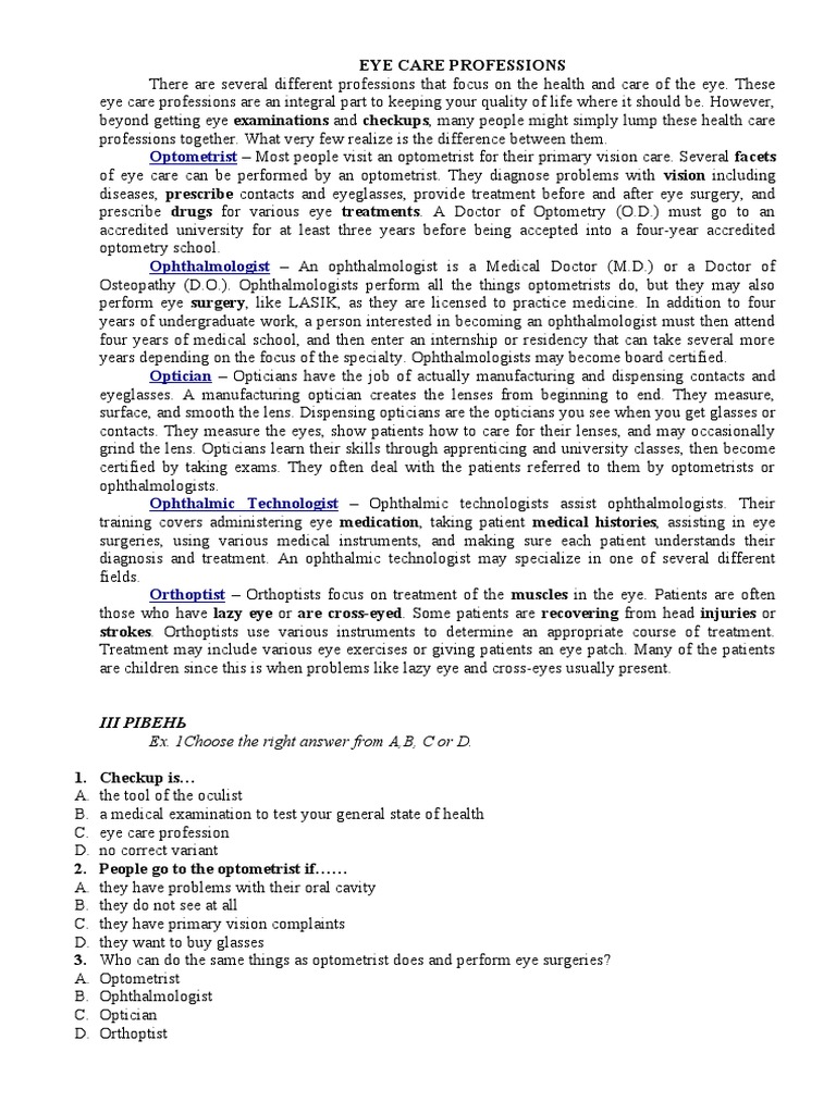 Eye Care Professions | PDF | Optometry | Vision