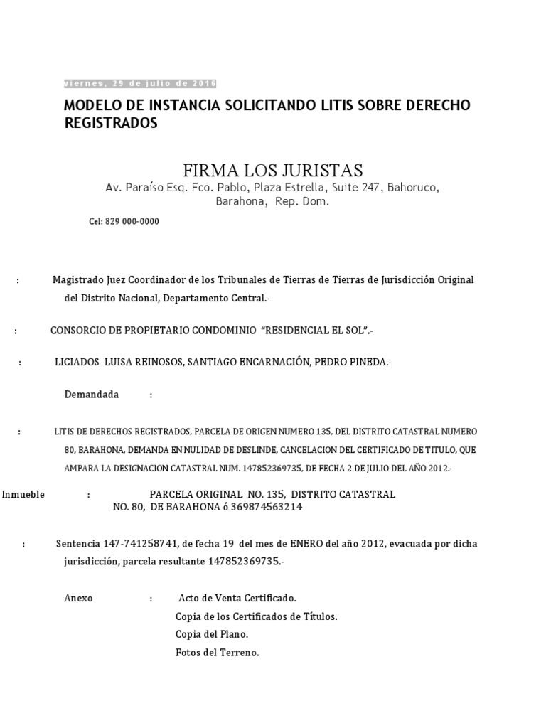 Solicitud de Litis sobre Derechos Registrados | PDF | Sentencia (ley ...