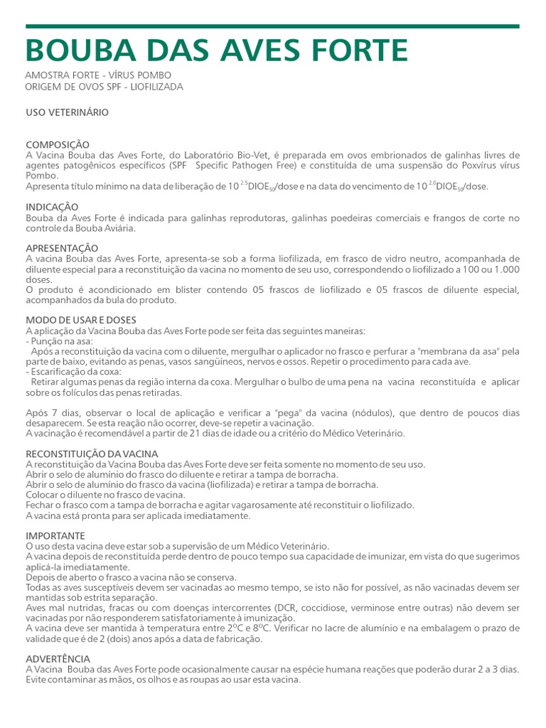 Bula Bouba Das Aves Forte Biovet | PDF | Vacinas | Aves