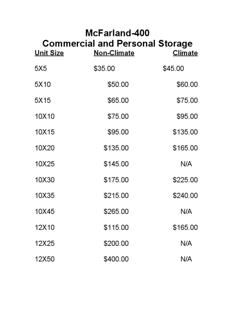 McFarland Storage Unit Pricing Guide | PDF