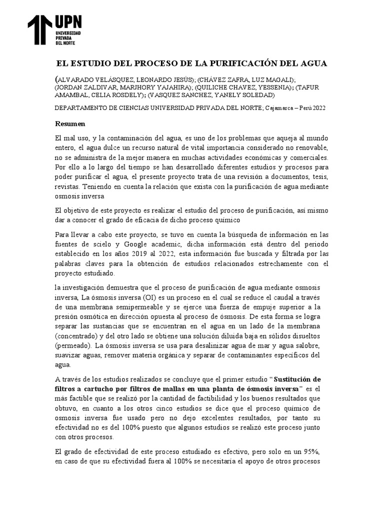 Producto Final-Proyecto de Investigación UPN-V1 | PDF | Ósmosis | Agua