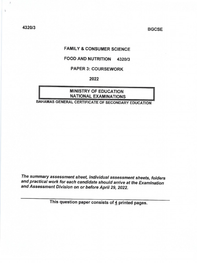 2022 Food & Nutrition Coursework BGCSE | PDF