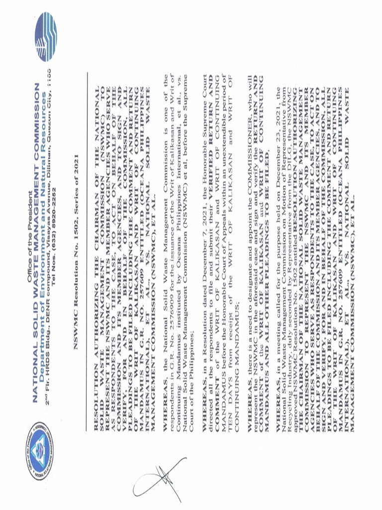 2021 NSWMC Resolution No. 1502, Series of 2021 | PDF