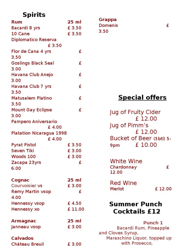 Bar List | PDF | Martini (Cocktail) | Alcoholic Drinks