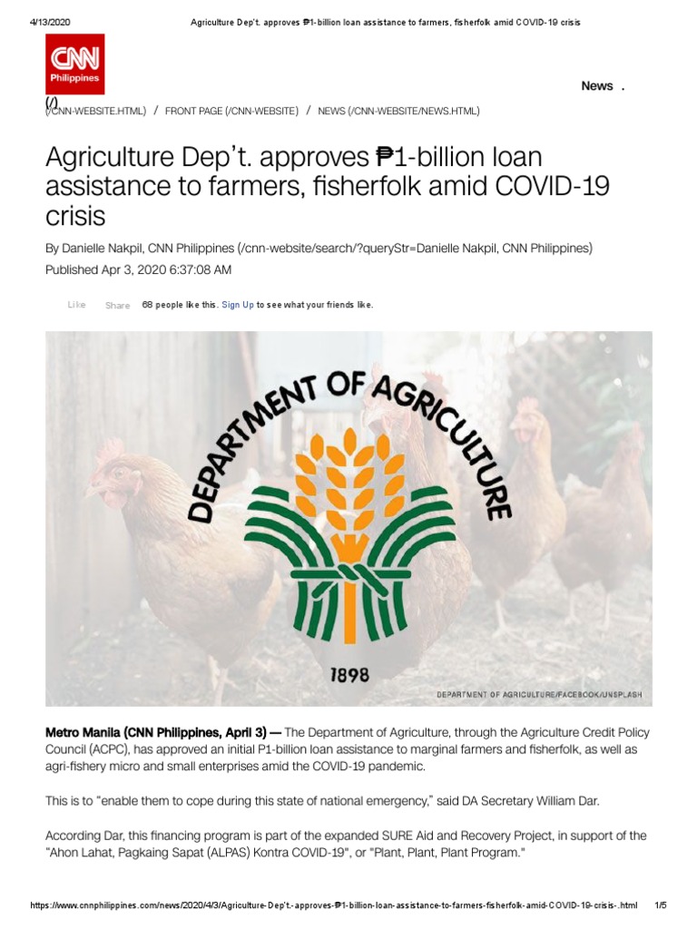 Agriculture Dep’t. approves ₱1-billion loan assistance to farmers, fisherfolk amid COVID-19 ...