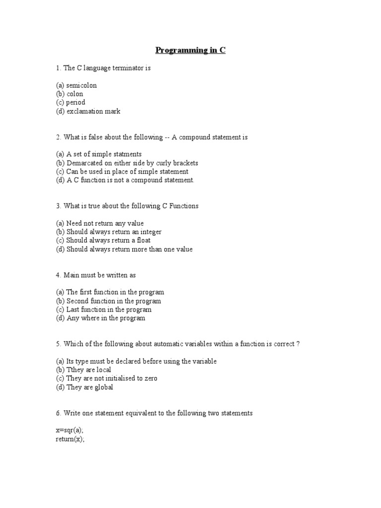 C Questions Pdf C Programming Language Variable Computer Science 2529