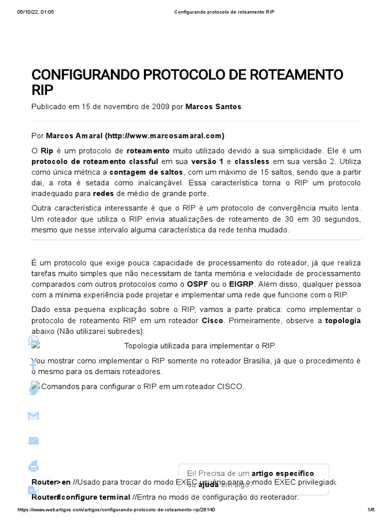 Configurando Protocolo de Roteamento RIP | PDF Configurando Protocolo de Roteamento RIP | PDF