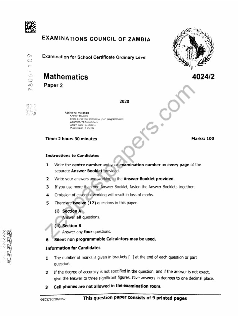 G12 Maths Paper P2 2020 | PDF