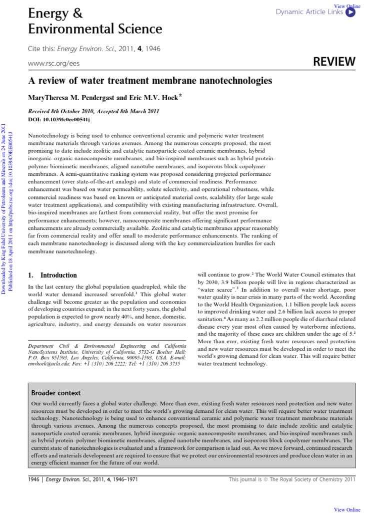 A Review of Water Treatment Membrane Nano Technologies 2011 Eric Hoek ...