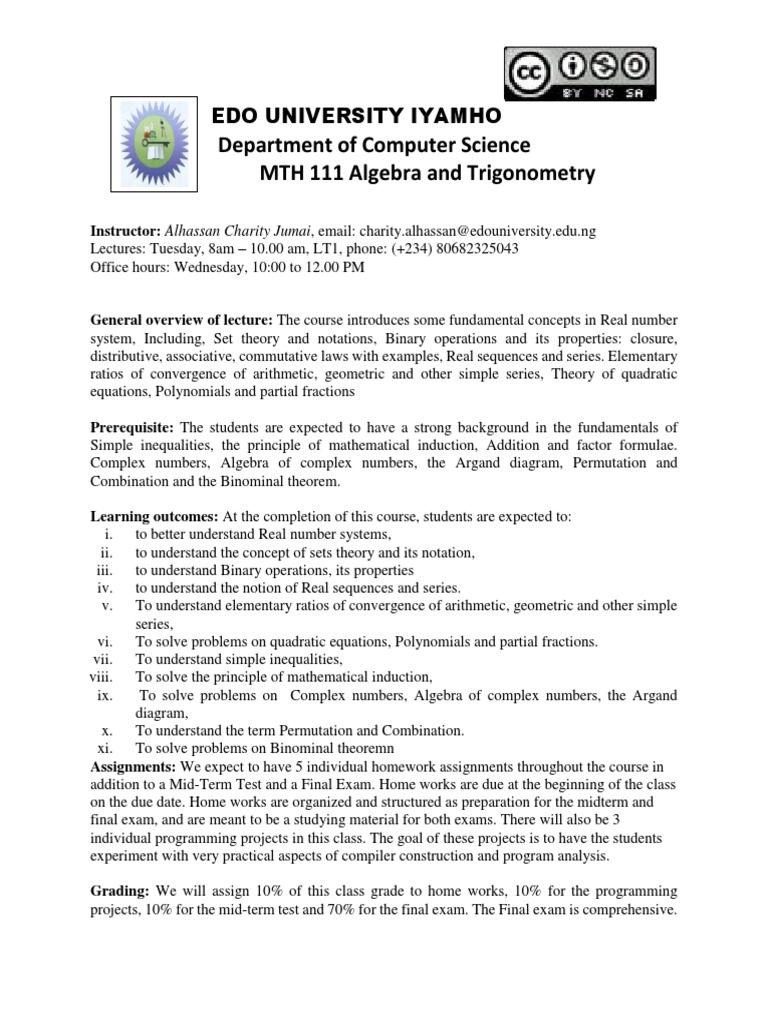 Mth 111 Algebra And Trigonometry Lecture Notes 20182019 Pdf Integer