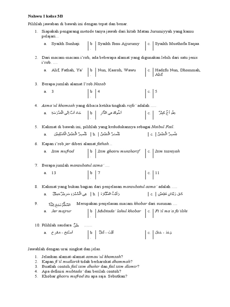 Soal Nahwu Kelas IIIb | PDF