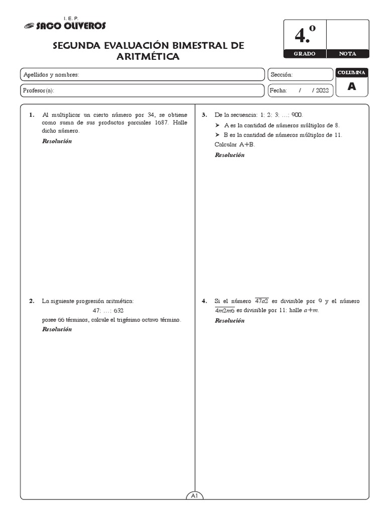 1 Arit 4 II Eval-Bim-22 | PDF | División (Matemáticas) | Matemáticas