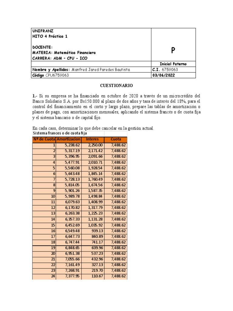 HITO 4 Práctica 1 030622 AM | PDF | Amortización (Negocio) | Crédito